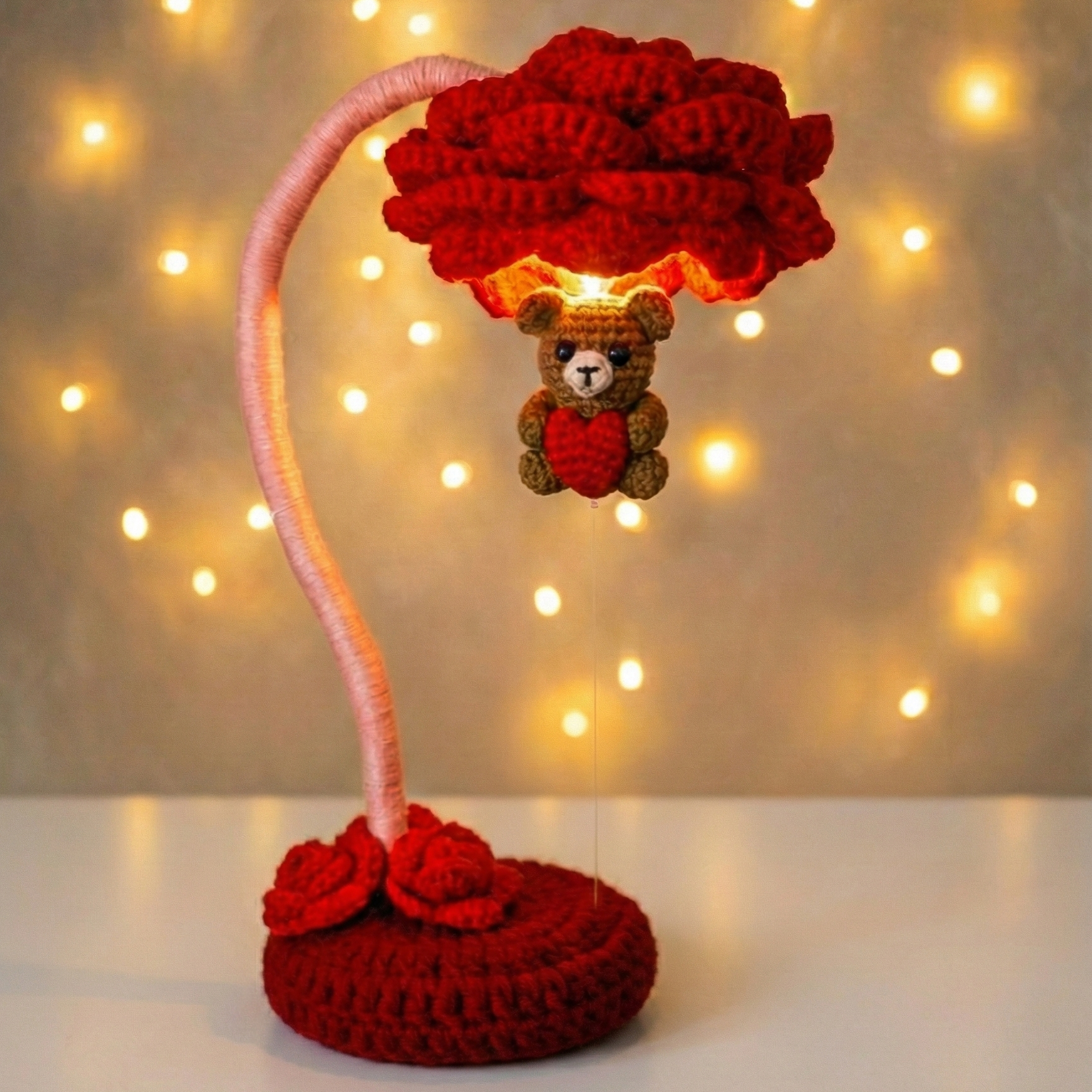 Valentine's Rose Flower Lamp with Floating Heart Bear – Crochify