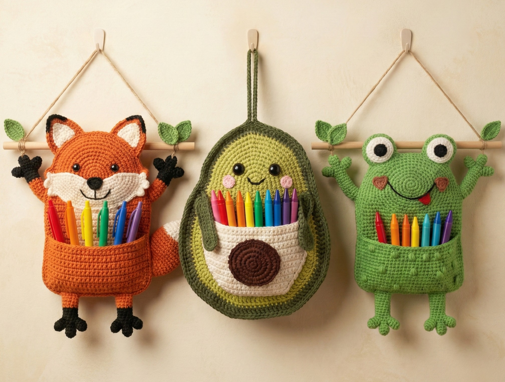 3-in-1 Hanging Pocket Organizers Crochet Pattern | Frog, Fox & Avocado ...